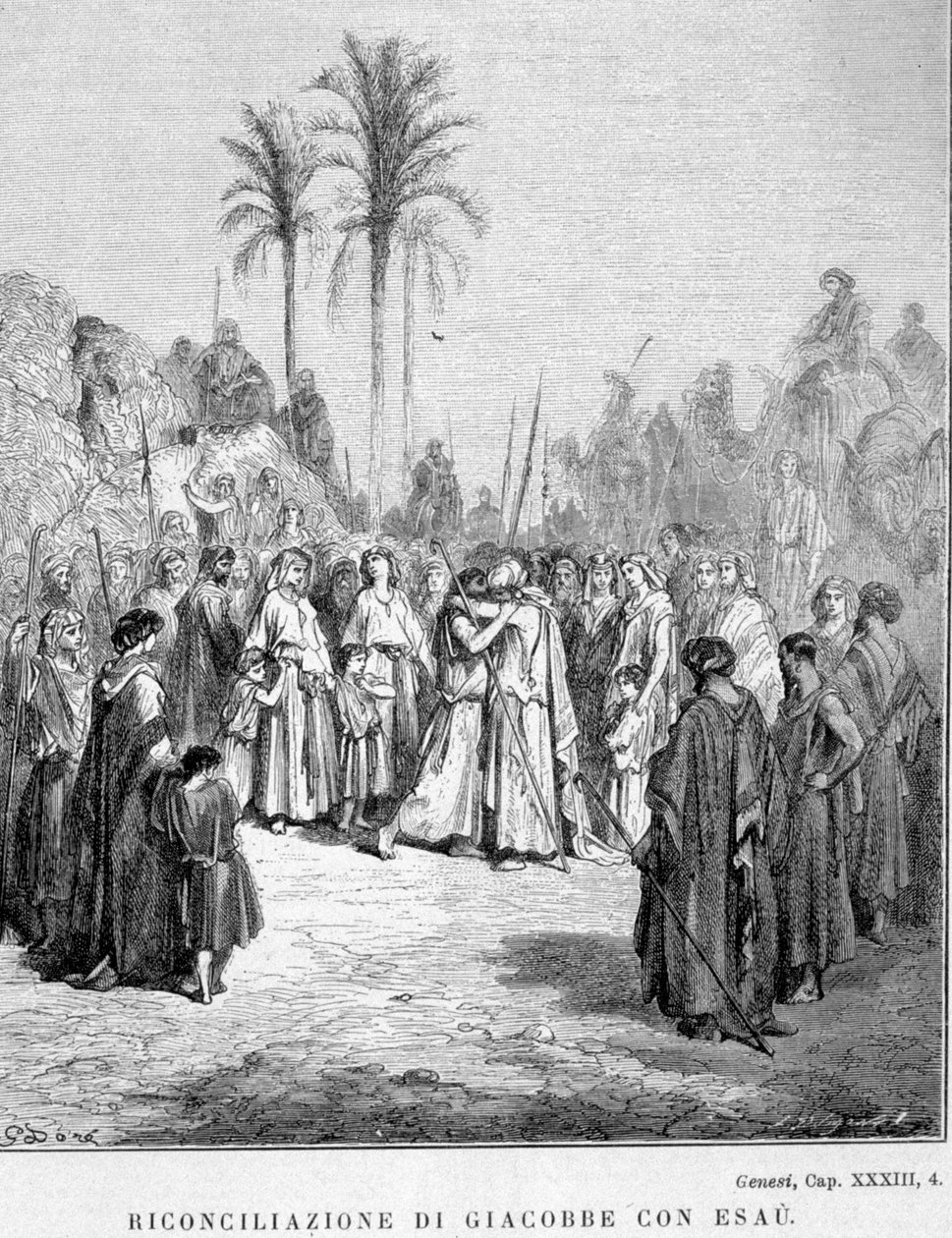 Reconciliation of Jacob and Esau. Genesis, XXXIII, 4. Illustration of Gustave Doré