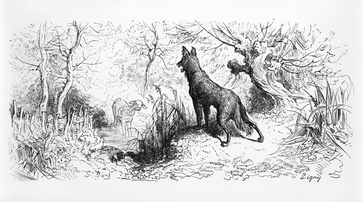 'The Wolf and the Lamb', illustration from 'Fables' by Jean de La Fontaine