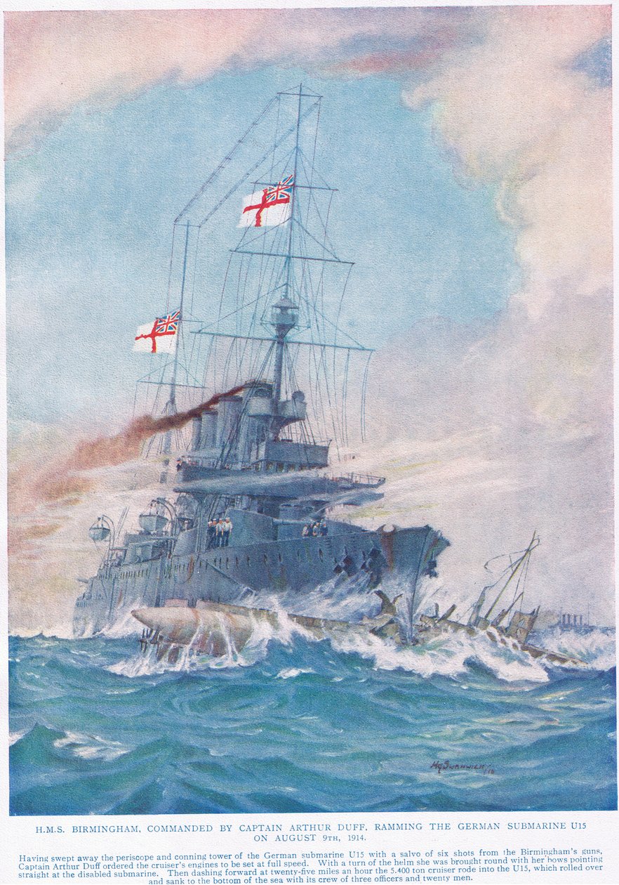 HMS Birmingham commanded by Captain Arthur Duff, ramming the German ...