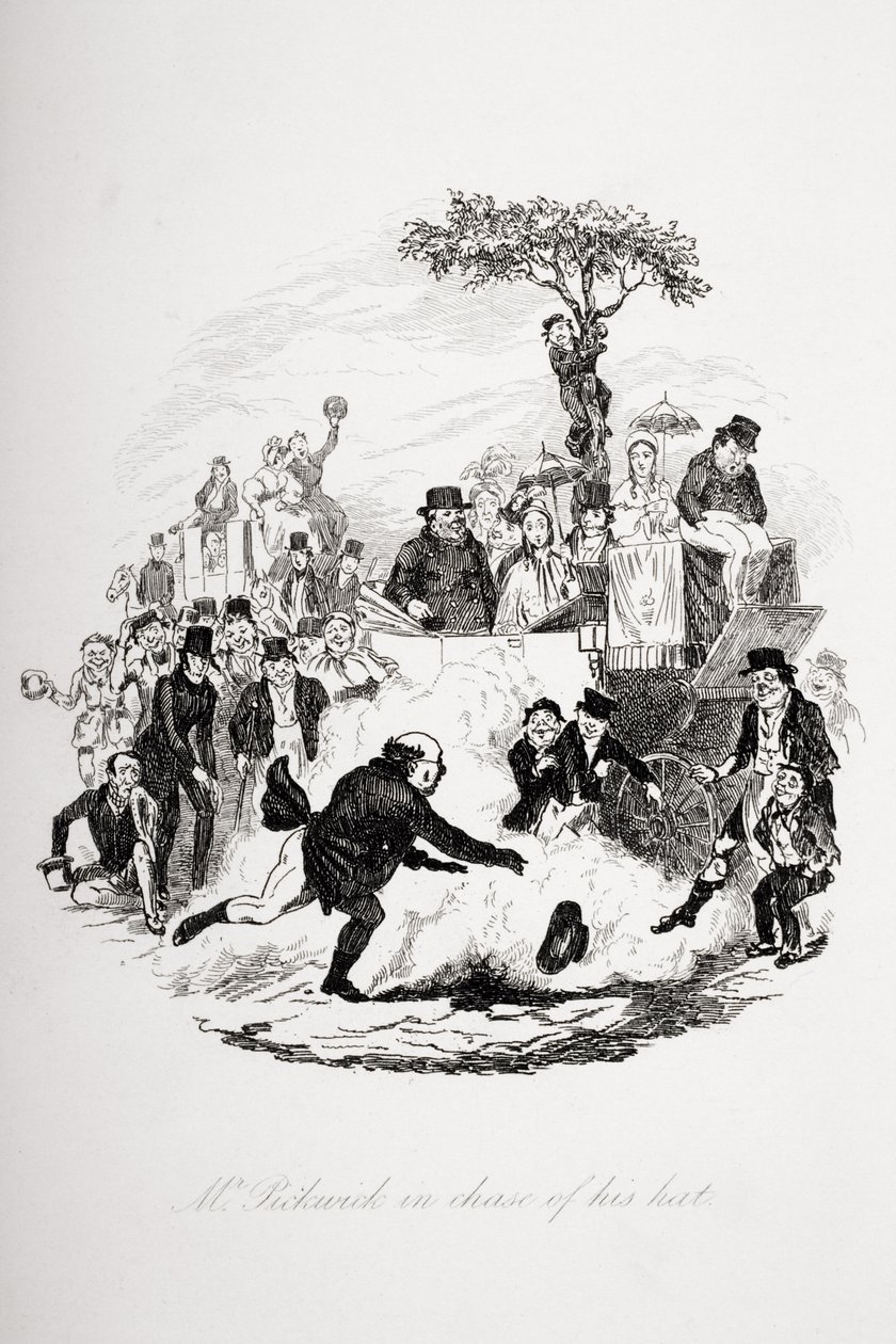 Mr. Pickwick in chase of his hat, illustration from 'The Pickwick ...