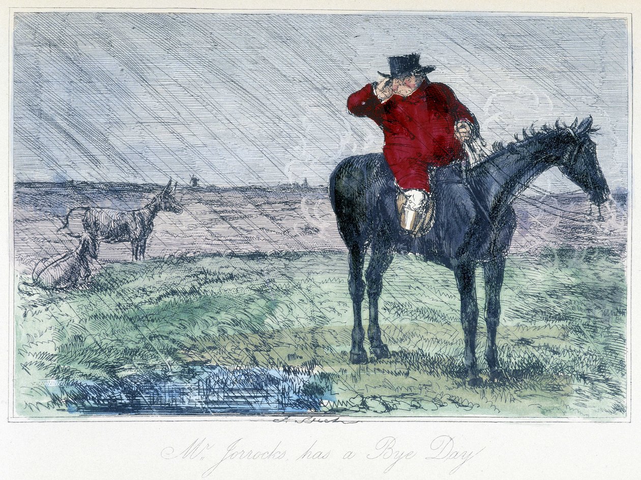 Horse hunting scene on a rainy day. English caricature on fox hunting ...