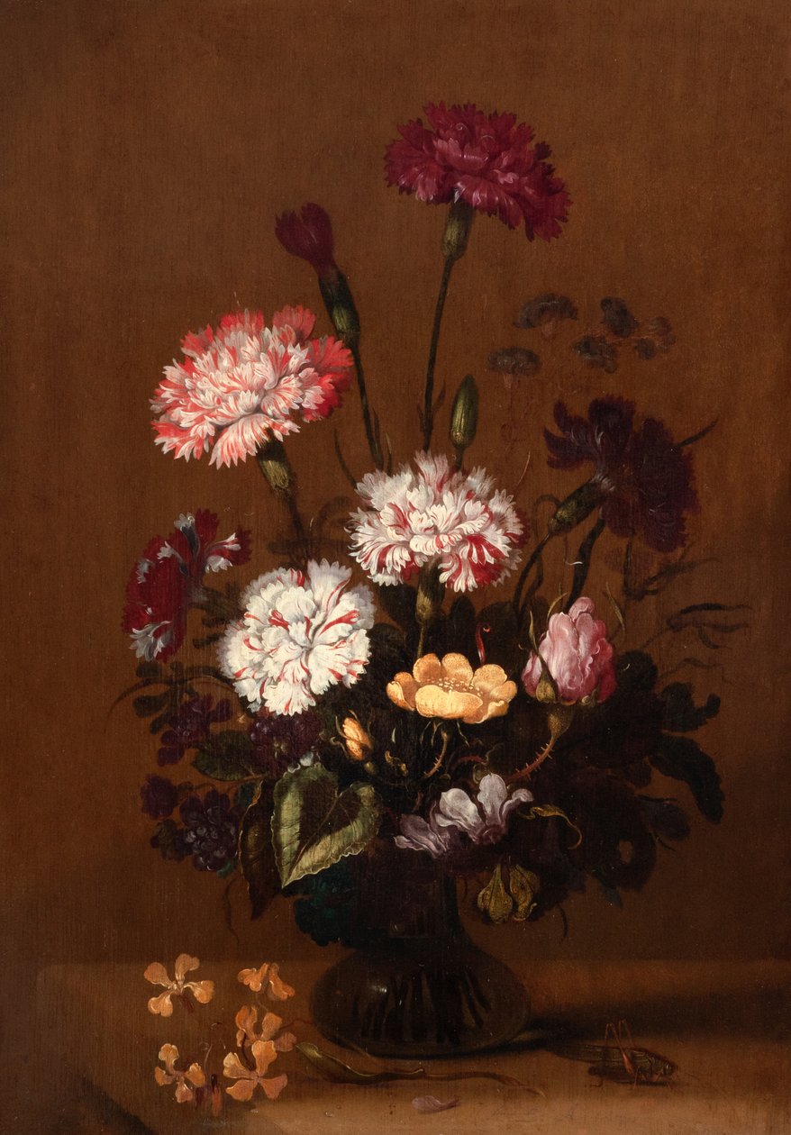 A Still Life of Carnations, Roses and Cyclamen in a Glass Vase on a ...