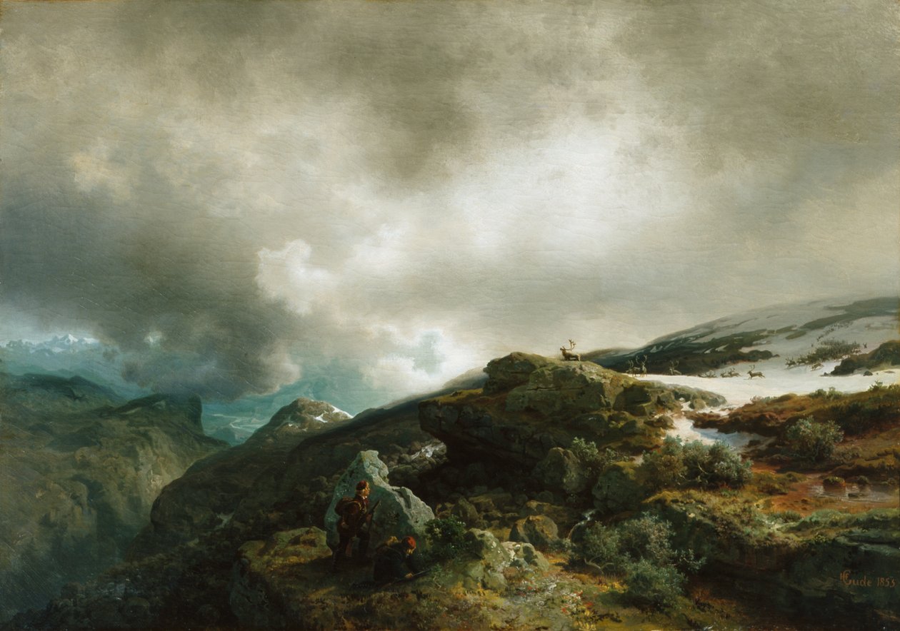 High Mountain Landscape with Reindeer Hunters by Hans Gude