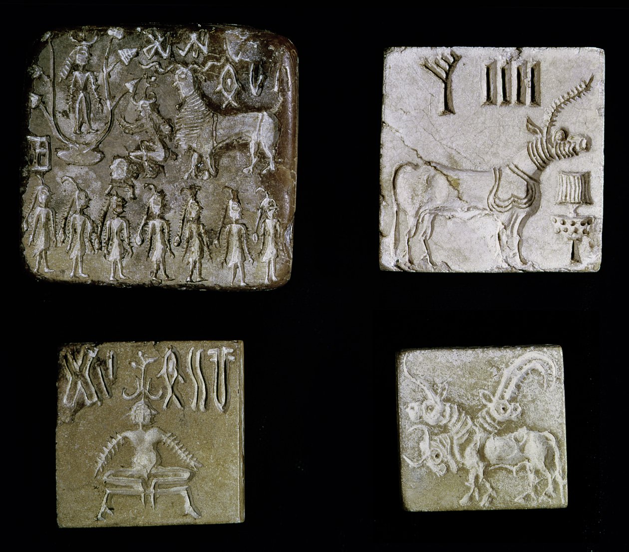 Four seals depicting mythological animals, from Mohenjo-Daro, Indus ...