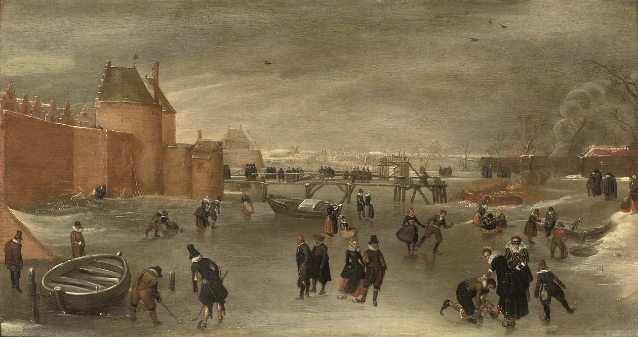Skaters, kolf players and sledges on a frozen river near the St ...
