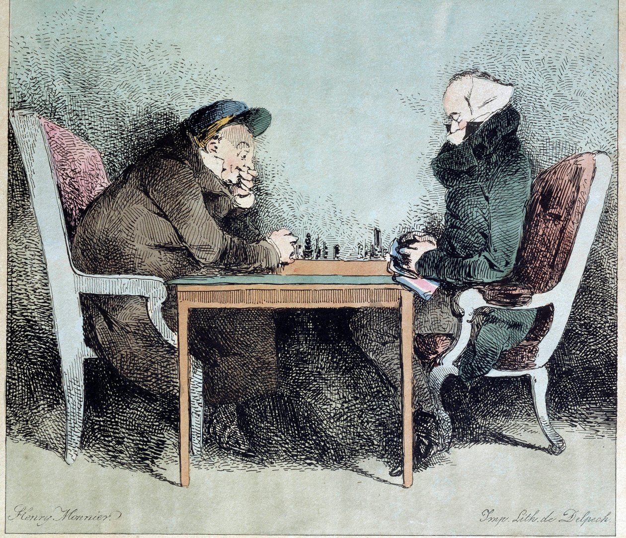 Chess players Engraving by Henry Monnier