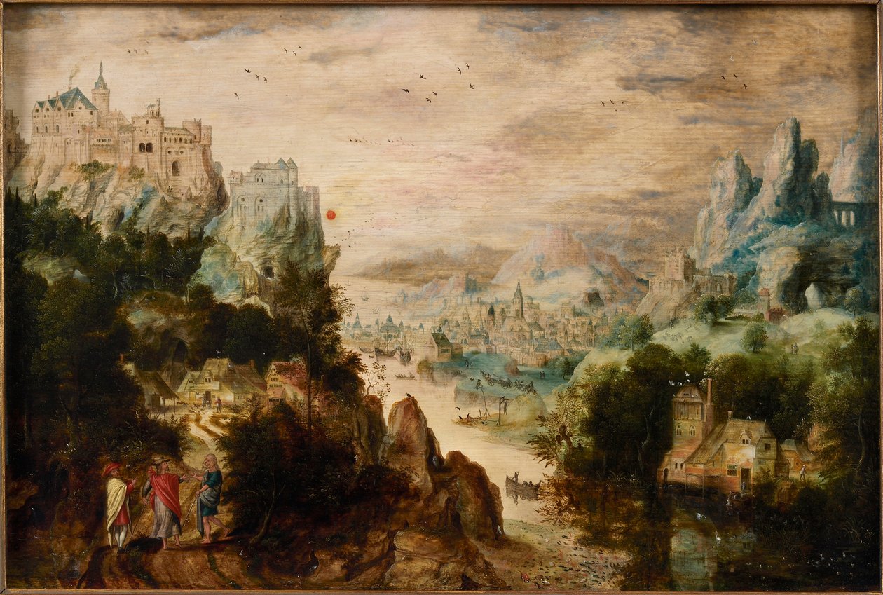 Landscape with Road to Emmaus by Henri de Herri met de Bles