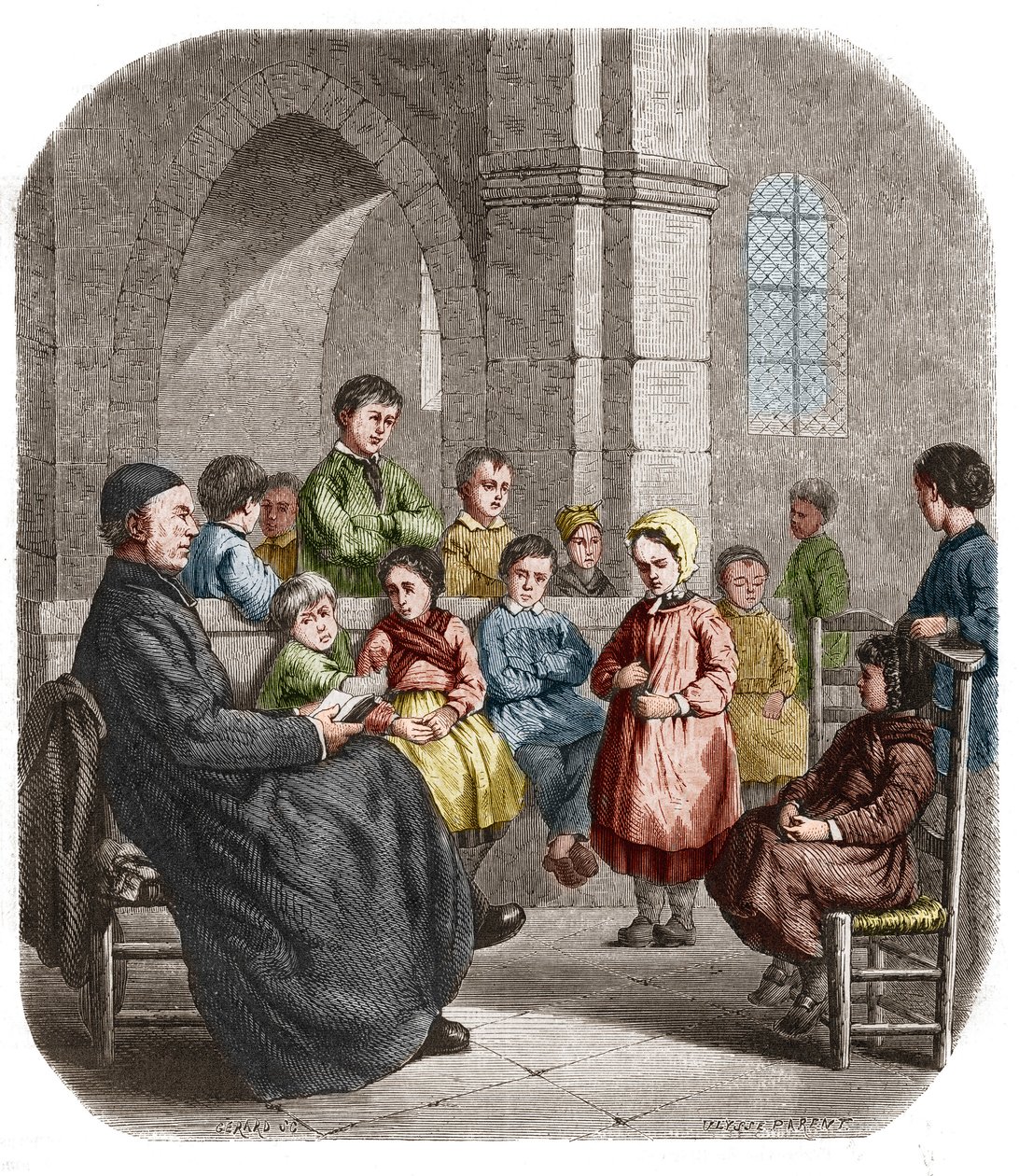 The catechism, Engraving of 1860 after the painting by Henriette Browne