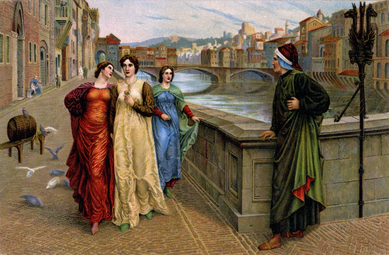Dante Alighieri meeting his muse Beatrice Portinari in Florence, c.1890
