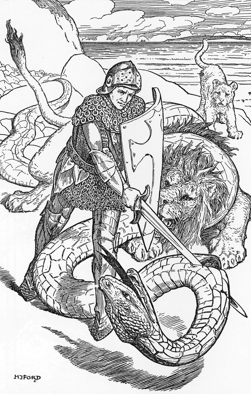 Percival fighting the serpent Illustration by HJ Ford (1860-1940) from ...