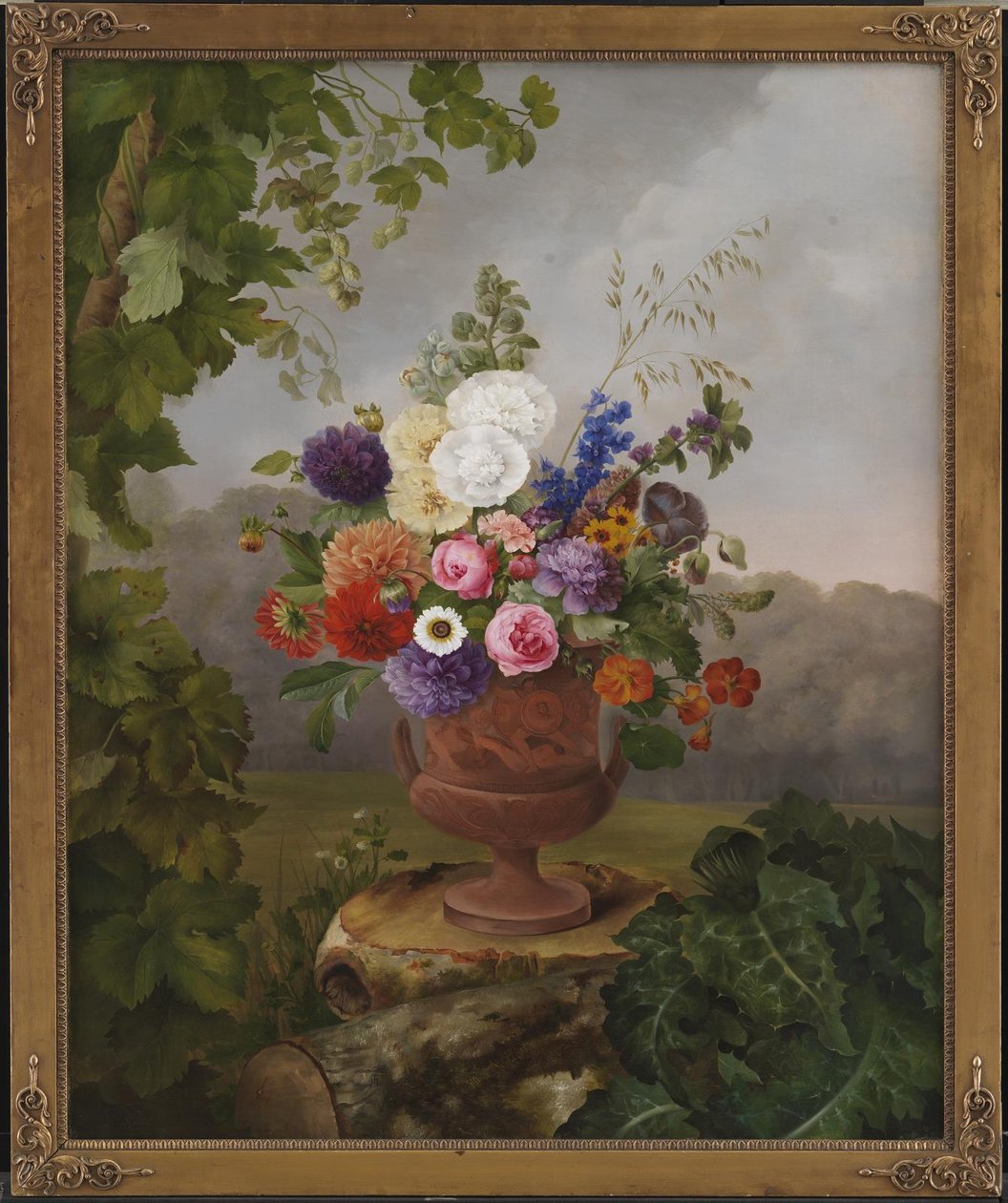 Vase in Greek Style with Flowers, Standing on a Tree Stump