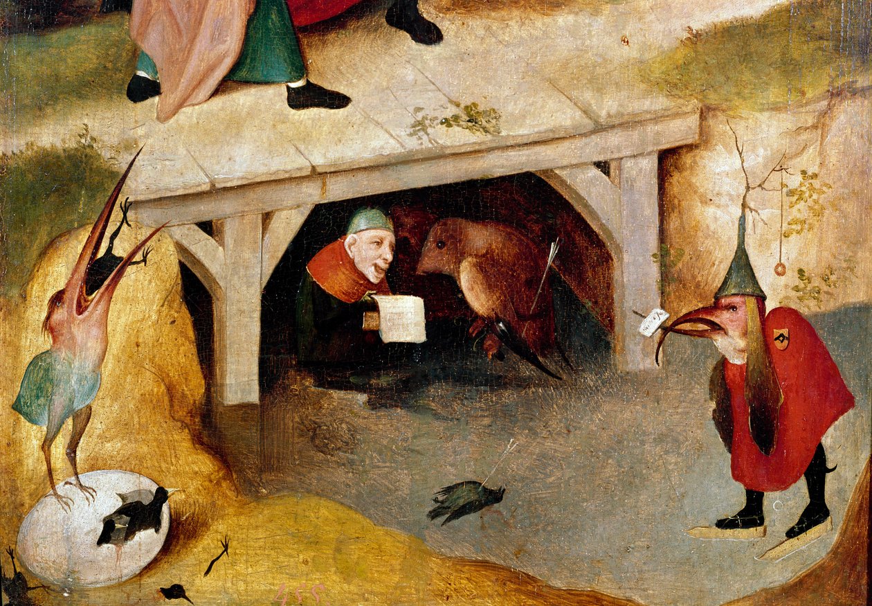 Triptych of temptations (detail). Left side: the flight and fall of Saint Anthony the Great ...