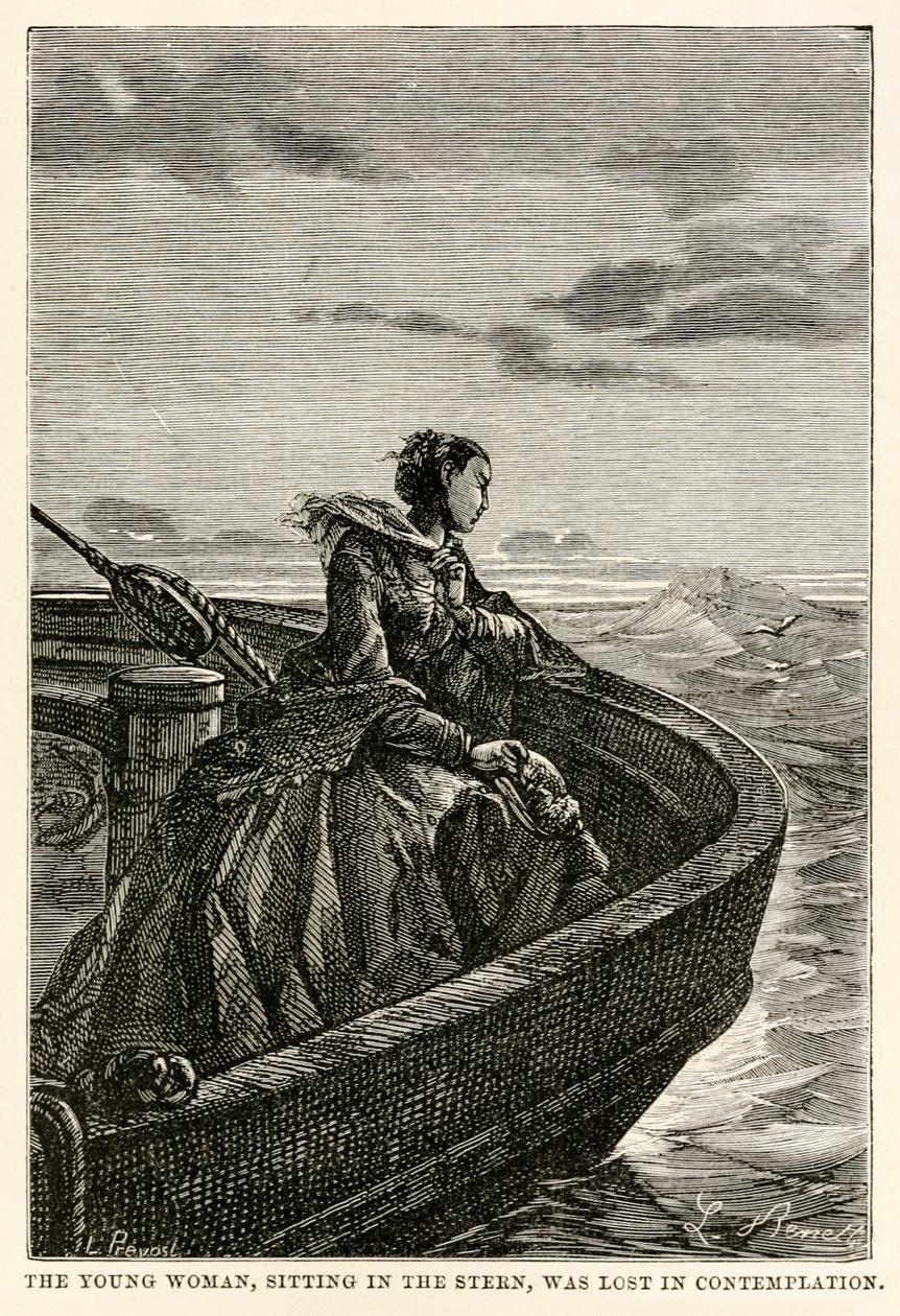 The young woman, sitting in the stern, was lost in contemplation, from ...