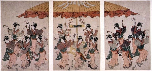 The Sumiyoshi Dance, triptych by Hosoda Eishi