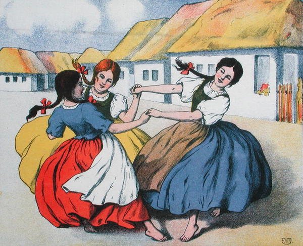 Peasant dance, illustration from a score of songs by Arpad Balazs