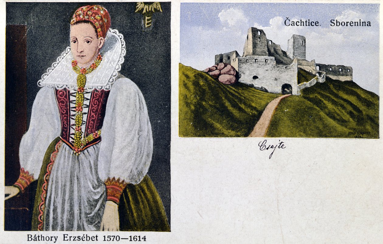 Postcard depicting Countess Elisabeth Bathory (1560-1614) and Castle ...