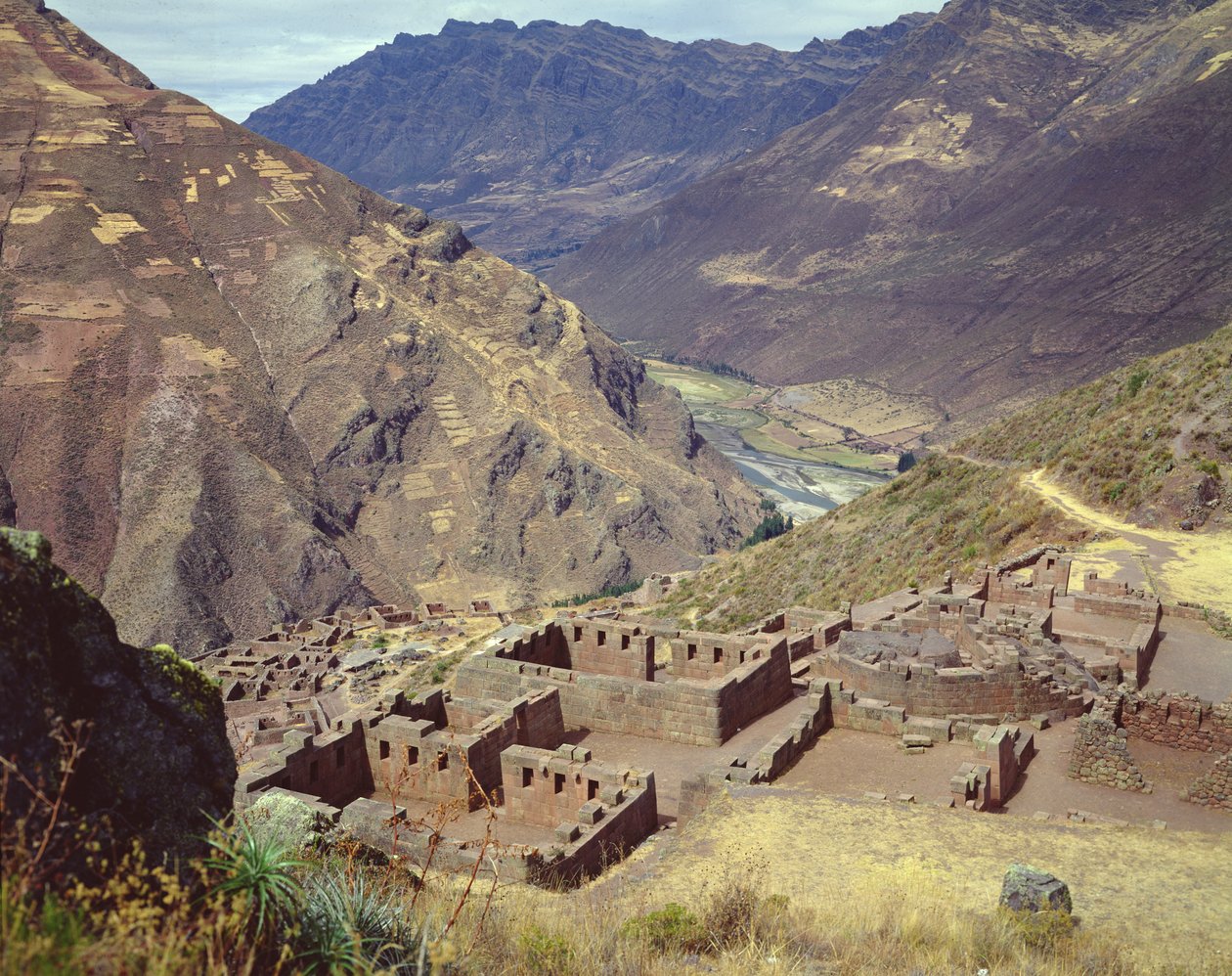 Temple buildings and Intihuatana by Incan: Fine art print