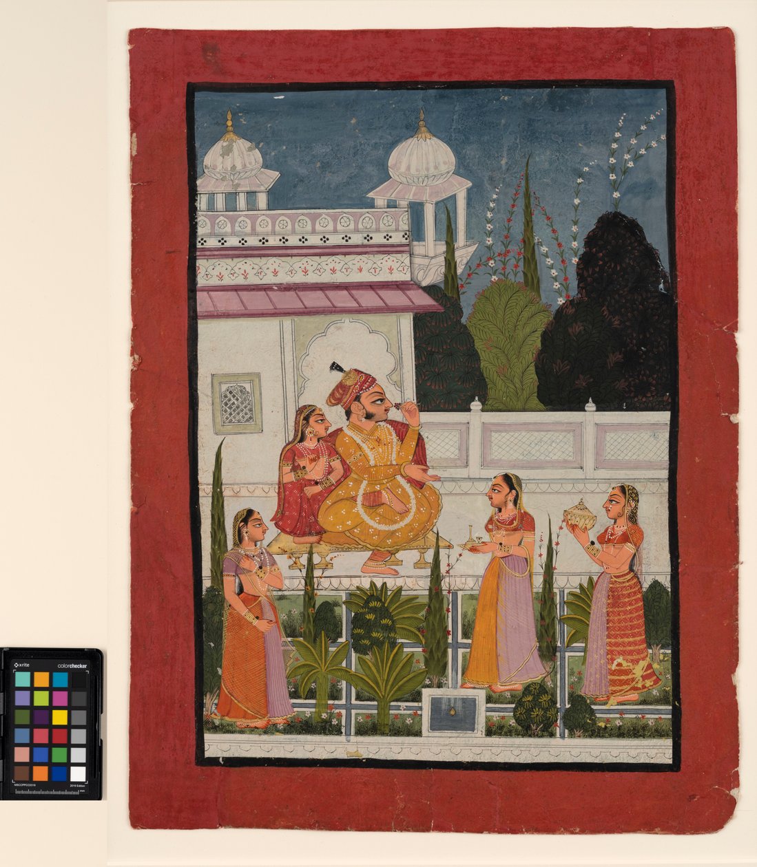 A raja on a terrace with his rani, attended by three women, late 18th ...
