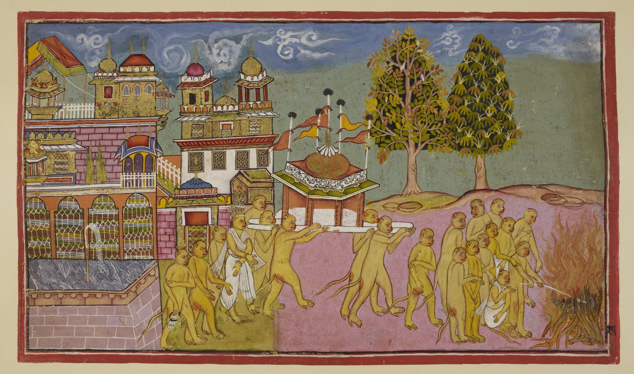 The body of Bali, covered in white, is borne in a domed and beflagged ...