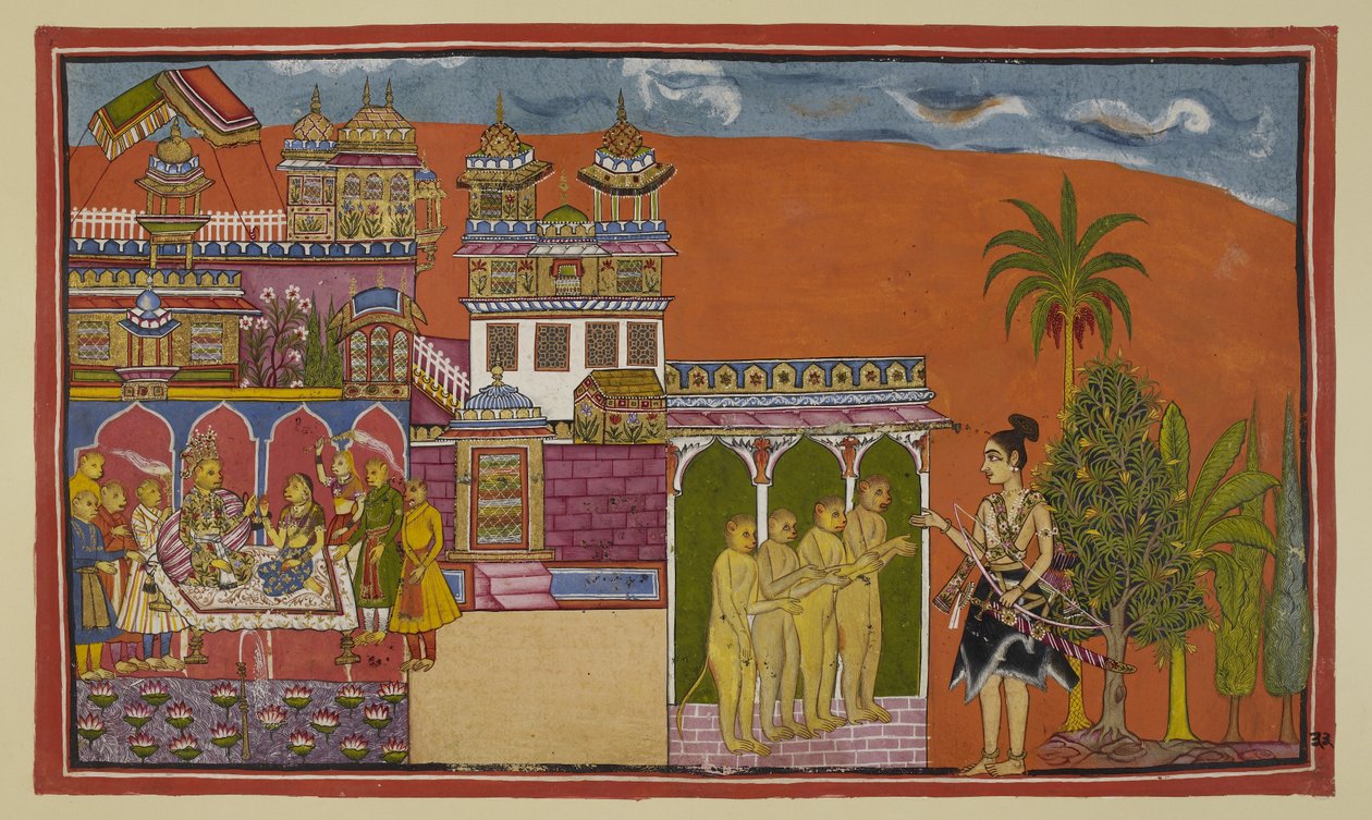 The angry Laksmana has reached the gate of Kishkindha, where he is ...