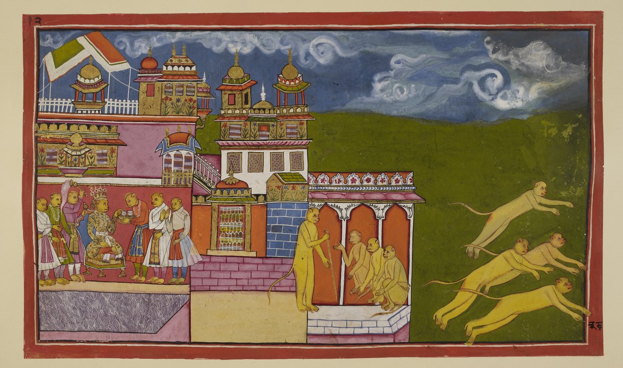 Sugriva seated on his throne, accepting a drink from an attendant, has ...