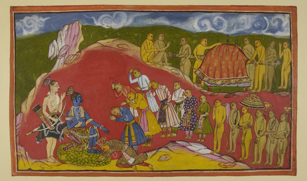 Rama seated on a seat of lotus petals in his cave, with Laksmana ...