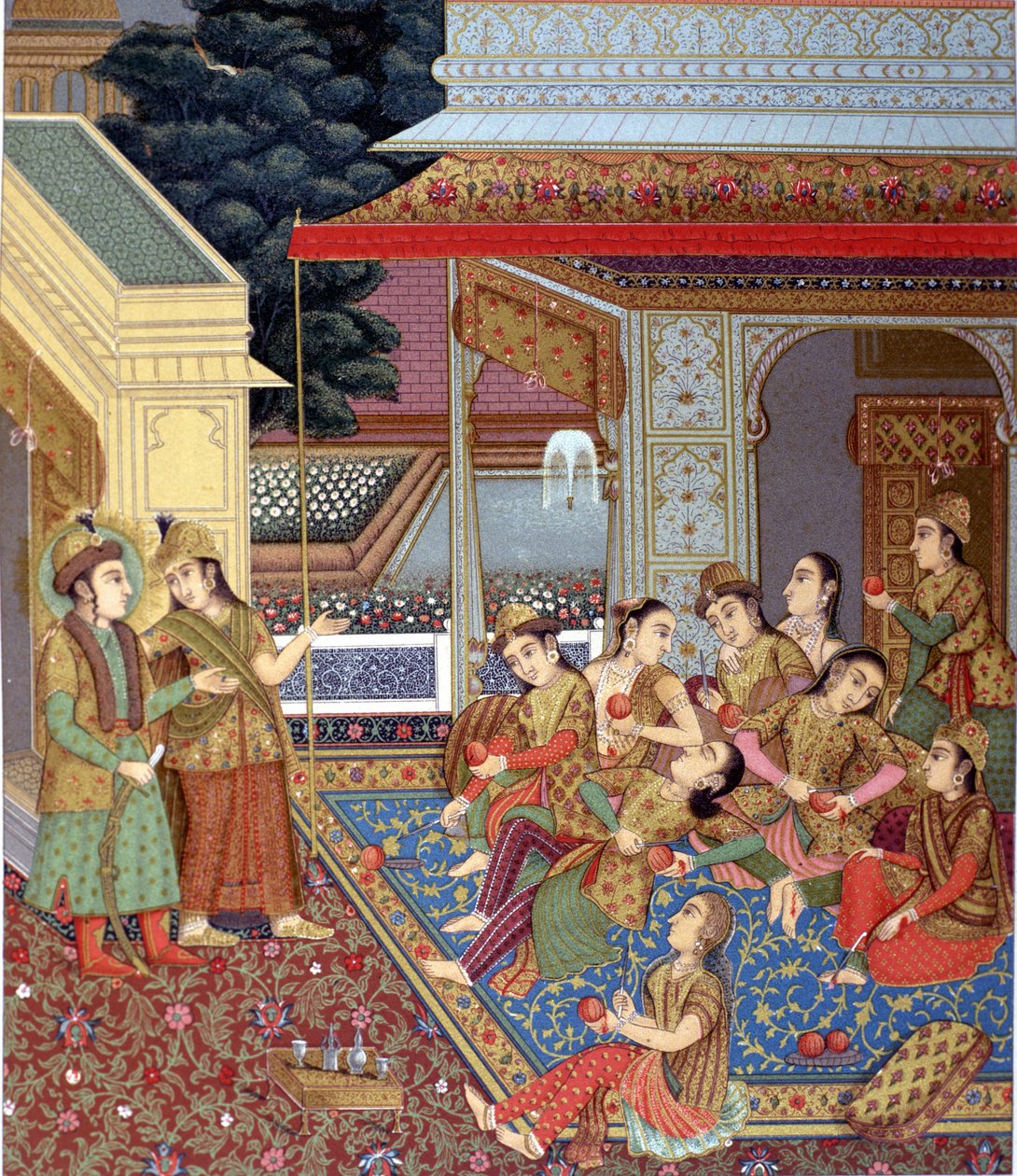 An Indian harem. Illustration of a Moghol miniature