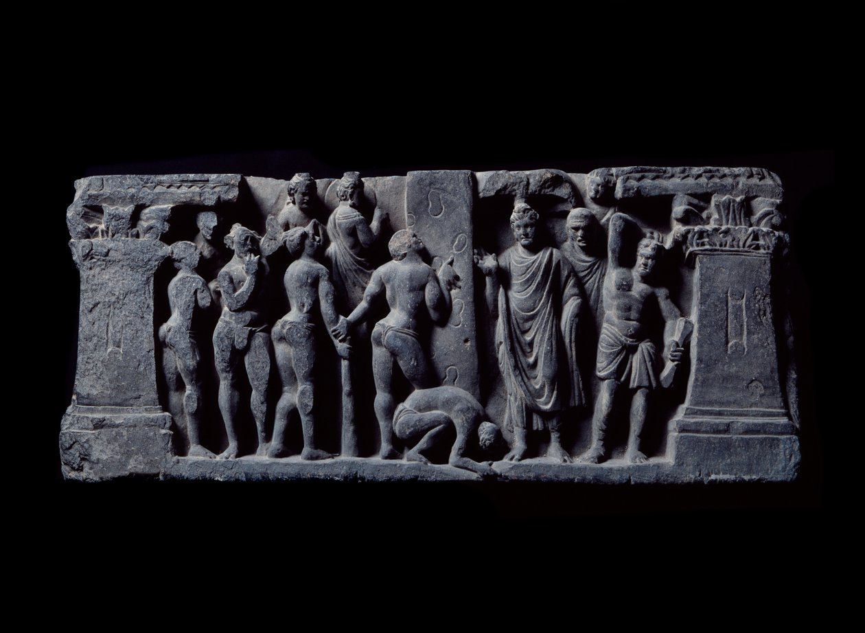 Art of Gandhara: Devadatta archers attack Gautama Buddha. Relief of the ...