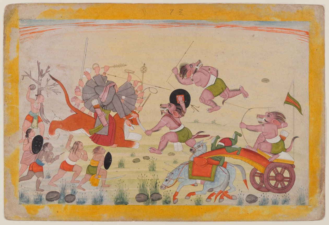 Mahasura attacks the Devi, folio from a dispersed Devi Mahatmya series