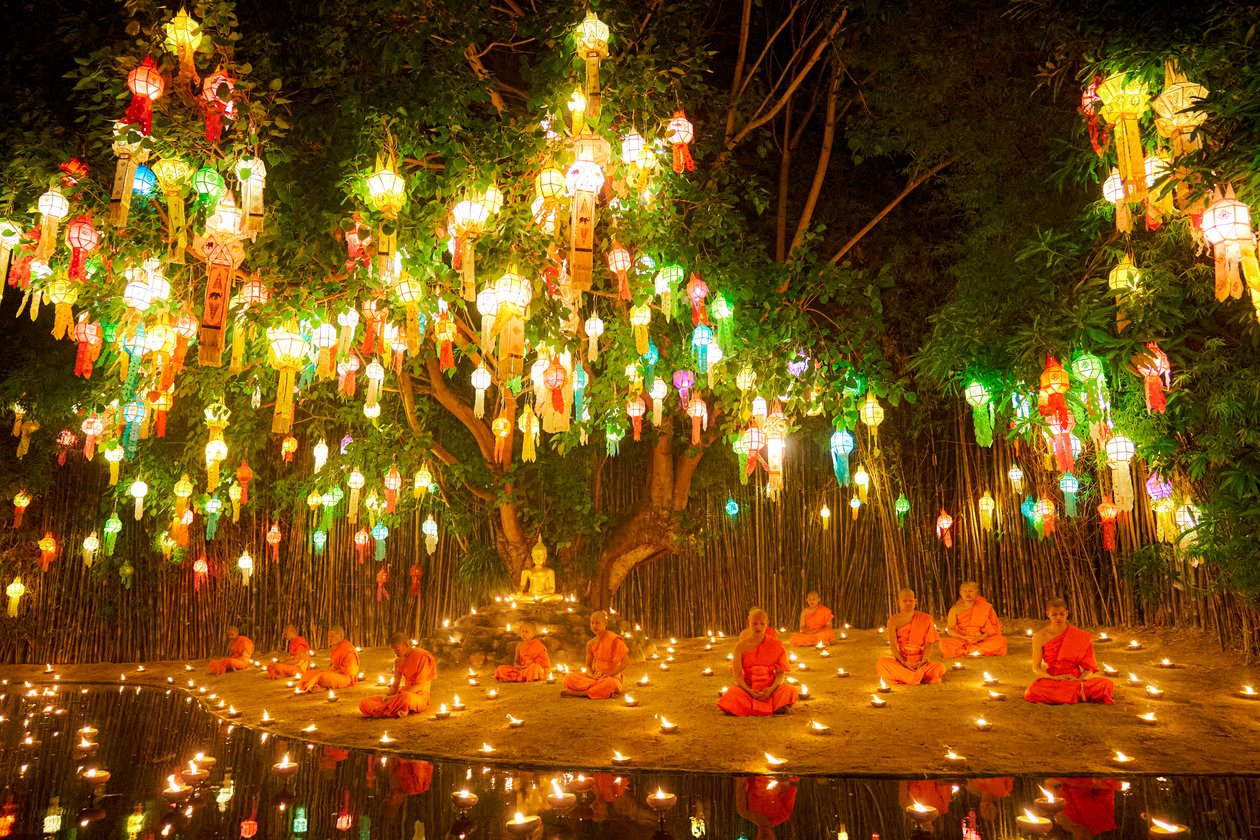 Novice monks at Wat Phan Thao during Loy Krathong Festival in Chiangmai ...