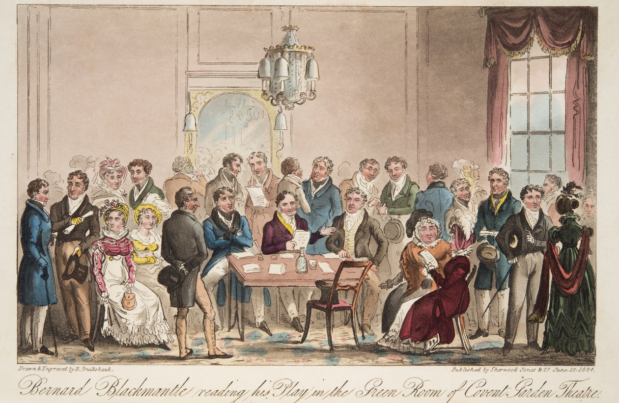 Bernard Blackmantle reading his play in the Green Room of Covent Garden Theatre, from The ...