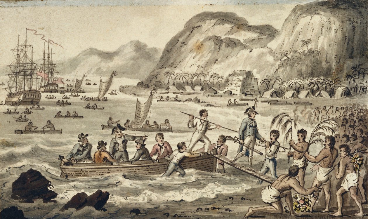 Captain Cook Landing in Owyhee, illustration from "The Voyages of Captain Cook"