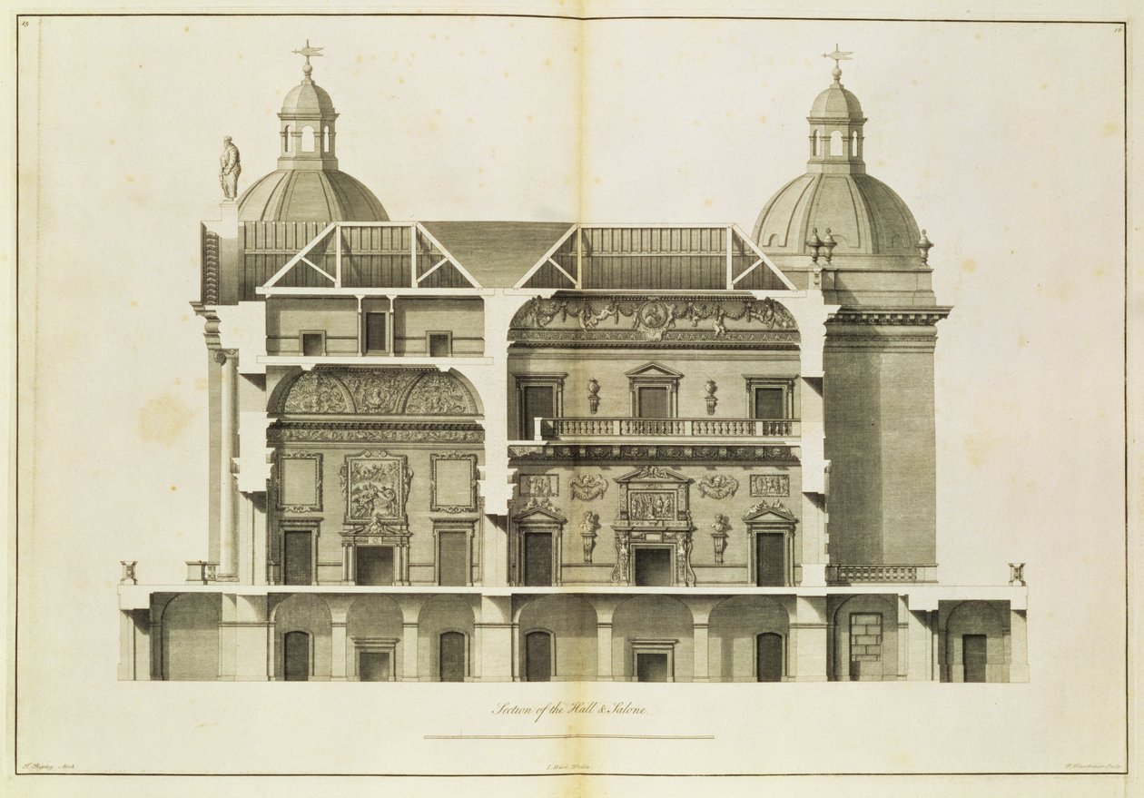 Houghton Hall: cross-section of the Hall and Salon, engraved by Pierre ...