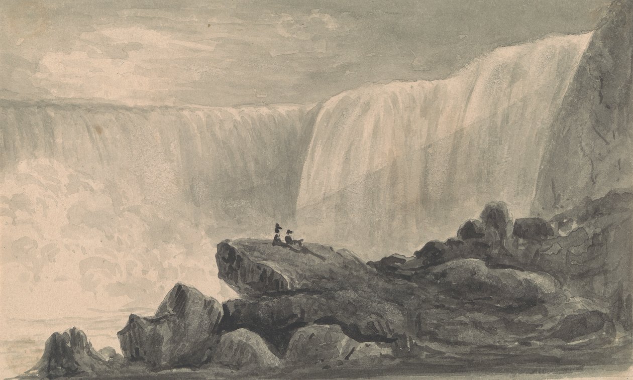 View of Niagara Falls with Two Figures Sitting on a Rock Center Foreground