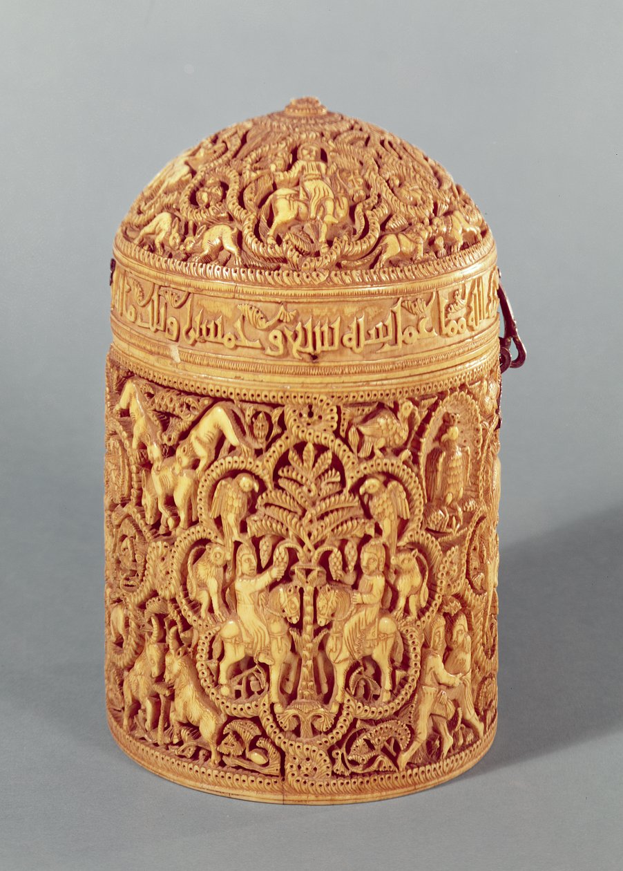 Pyx with a relief depicting the pleasures of courtly life, inscribed ...
