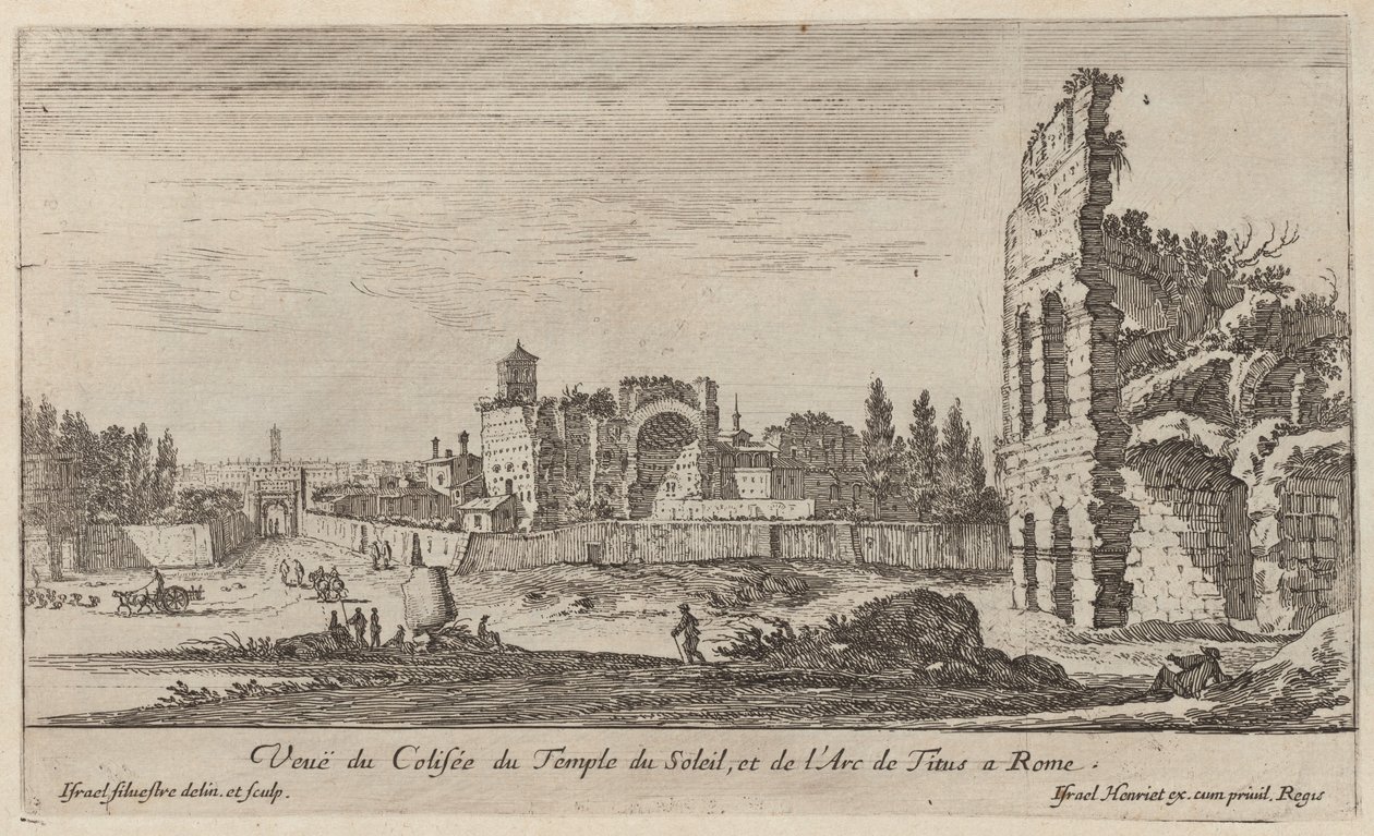 View of the Colosseum, the Temple of the Sun, and the Arch of Titus in Rome
