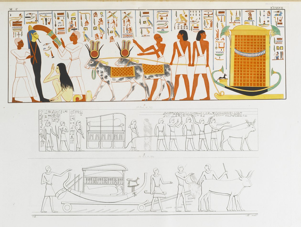 Three depictions of the transportation of the funeral shrine