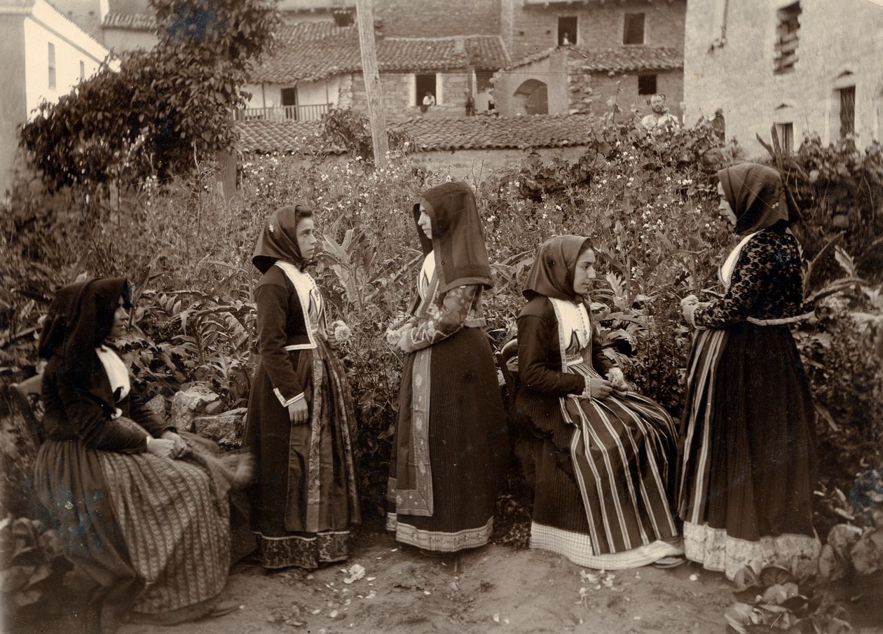 Group of women wearing traditional costumes in garden, Sardinia, Italy