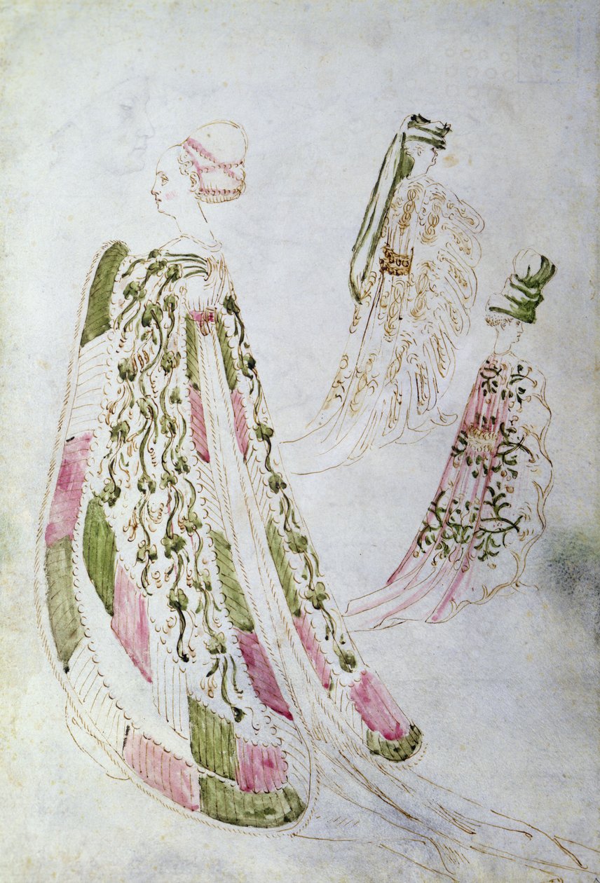 A woman and two men wearing long coats, c.1450
