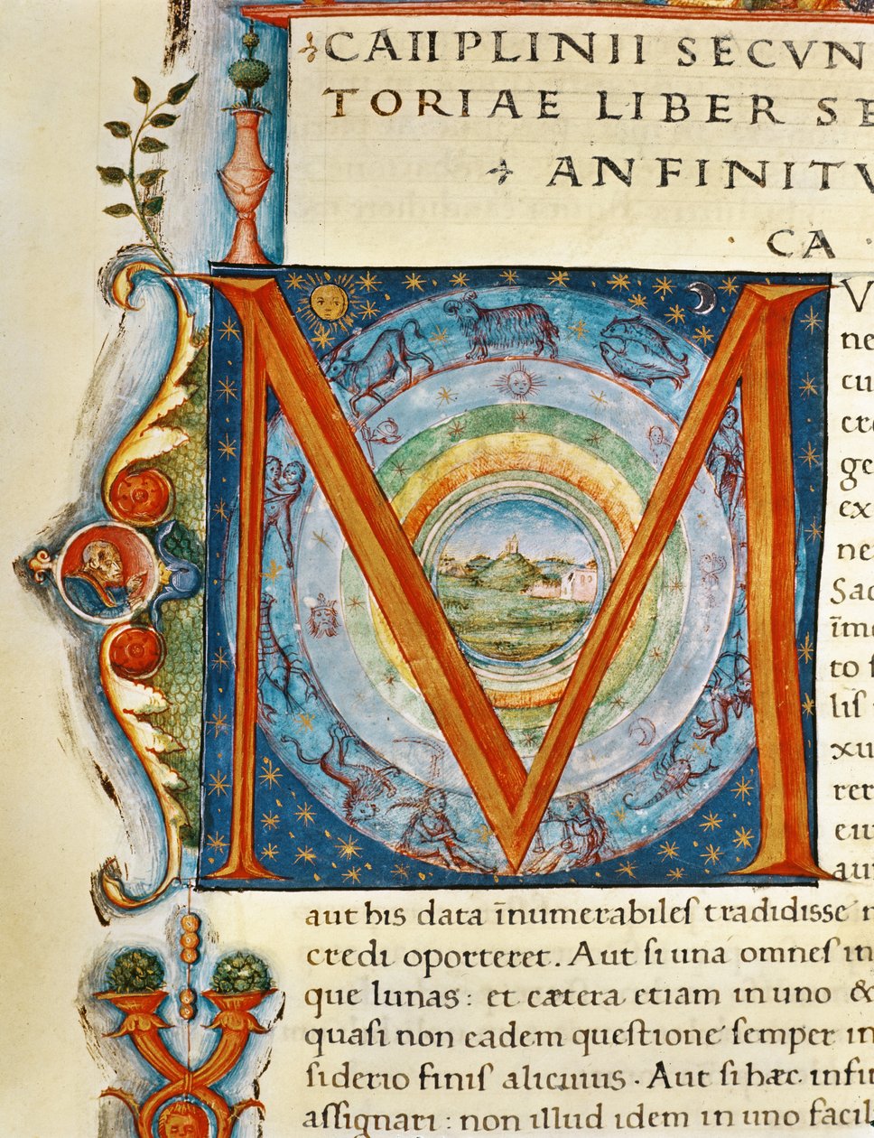 Historiated initial 'M' depicting the heavens and the signs of the ...