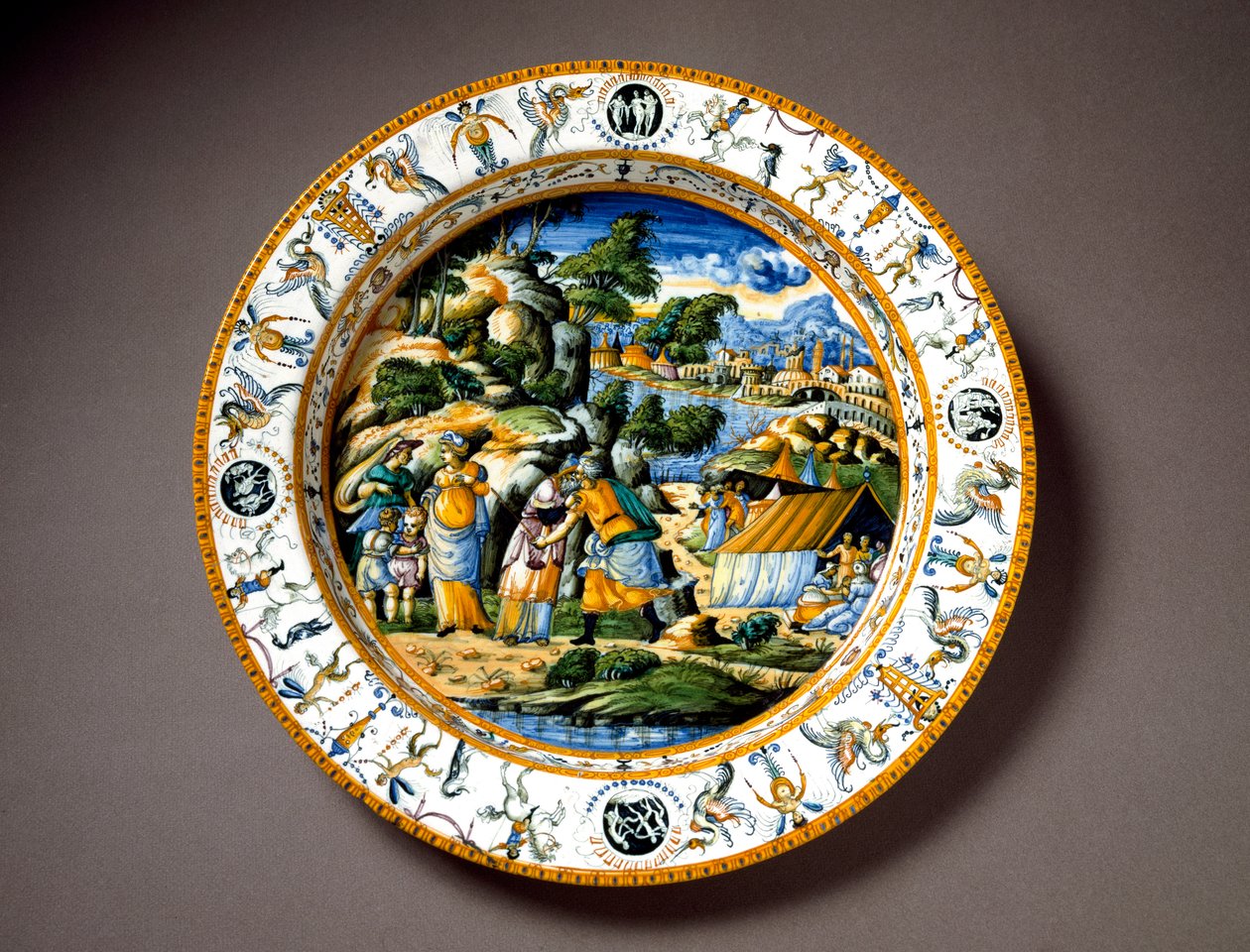 The meeting of Aaron and Moses. Ceramic plate produced in Urbino in the ...
