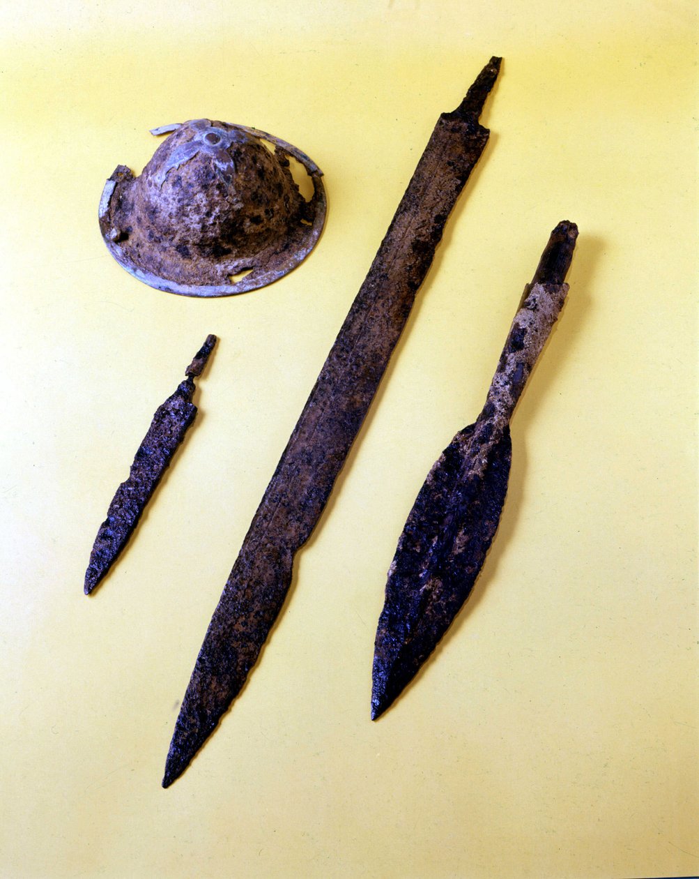 Weapons of a Lombard warrior: shield umbrella, dagger, sword and spear tip