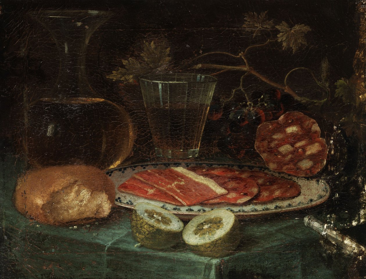 Still Life with Bread, Glass Carafe, Wine Glass, Plate with Ham and ...