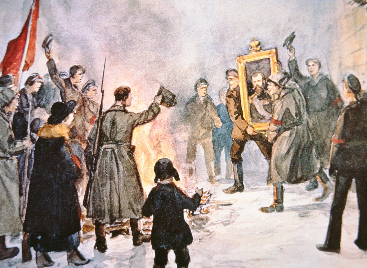 Bolshevik soldiers about to burn a portrait of the Tsar, during the 1917 Russian Revolution