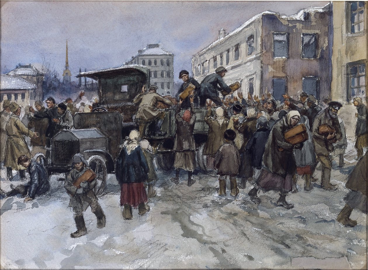 Hungry Workmen in Petrograd Robbing a Military Lorry of Bread