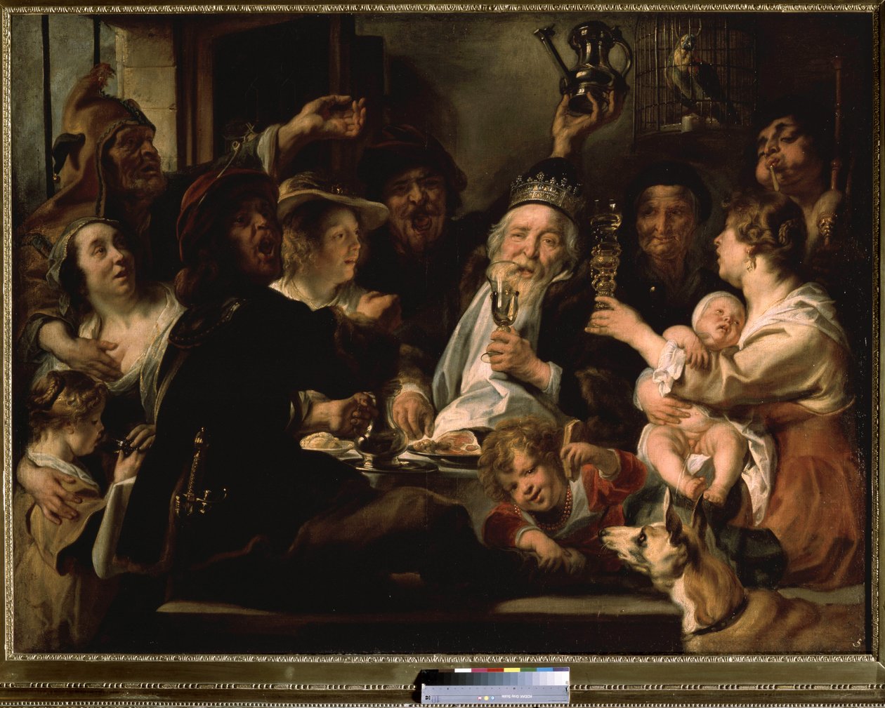 The Feast of the Bean King. Group of people with grotesque expressions ...