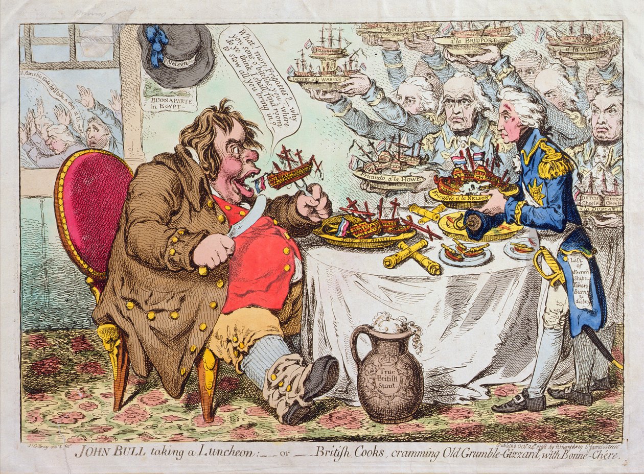 John Bull Taking a Luncheon, or British Cooks, cramming Old Grumble ...
