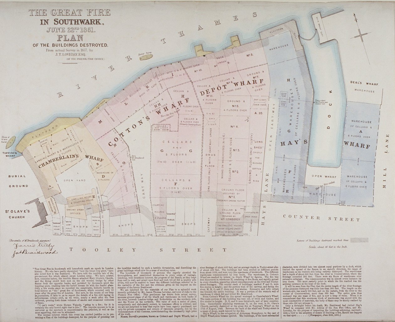Plan of buildings destroyed at Chamberlain's Wharf, Cotton's Wharf and ...