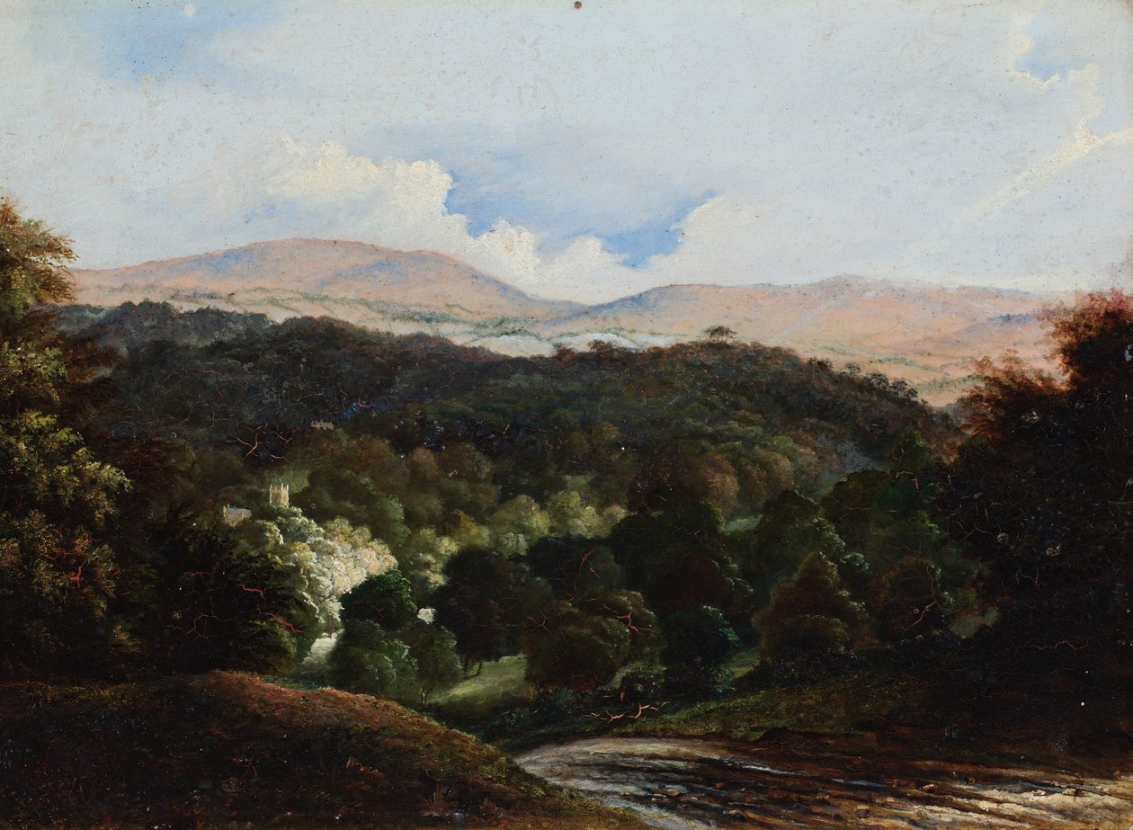 Landscape with buildings in a forest