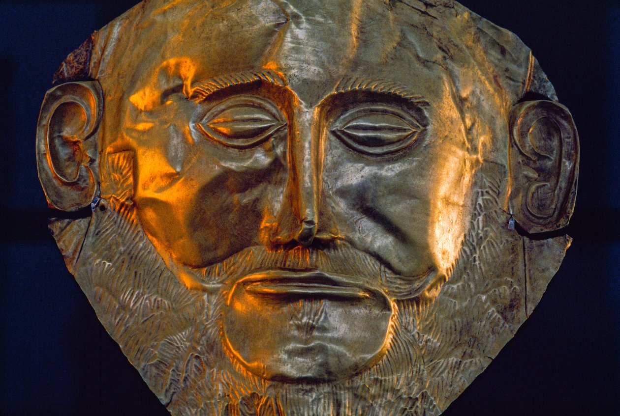 A Bronze-age funeral mask. National Archeological Museum, Athens, Greece.